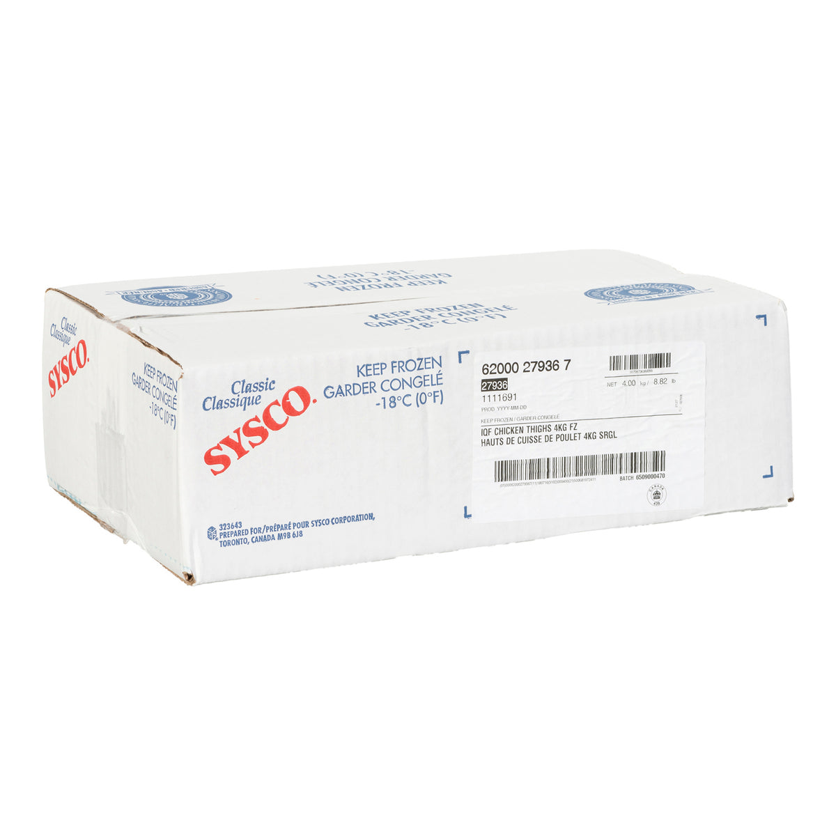 Sysco Classic Bone In Skin On Chicken Thighs 4kg IQF [$8.18/kg] [$3.71