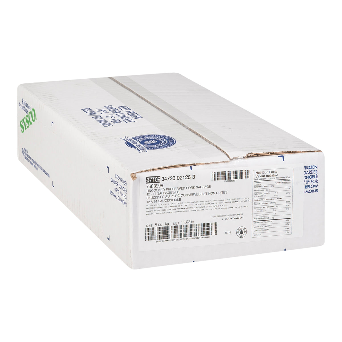 Sysco Reliance Pork Sausages 5kg [$9.13/kg] [$4.14/lb]