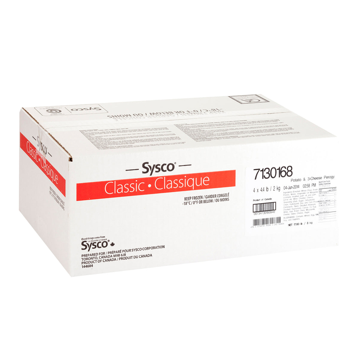 Sysco Classic Potato & 3 Cheese Perogies 4x2kg [$2.74/kg] [$1.24/lb]
